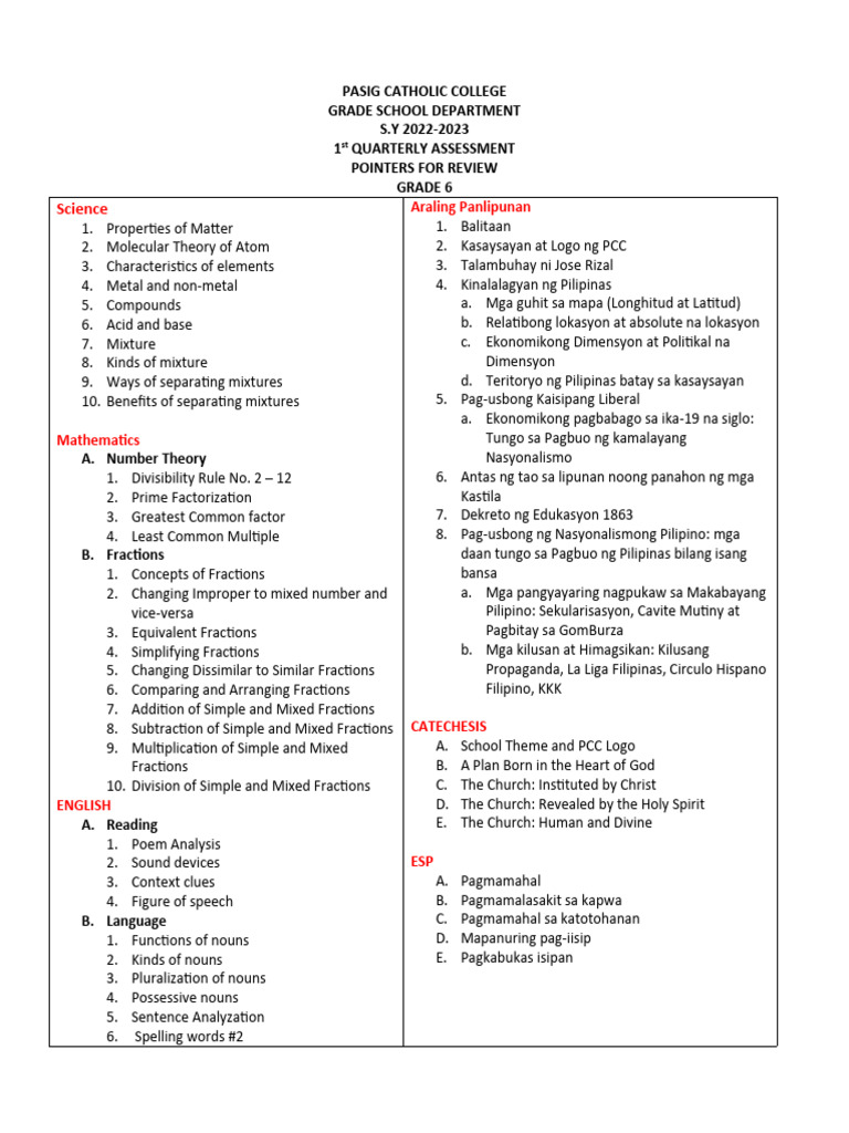 GR. 6 POINTERS 1st Quarterly Assessment 1 | PDF