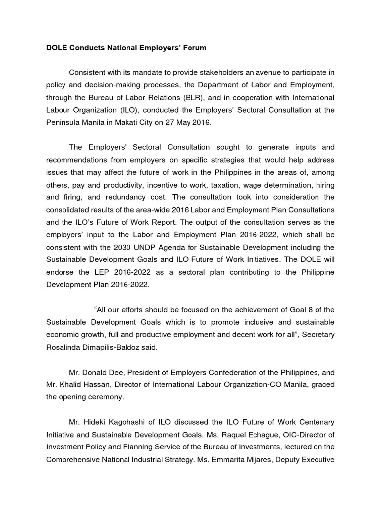 DOLE Conducts National Employers Forum | PDF | Employment | International Labour Organization