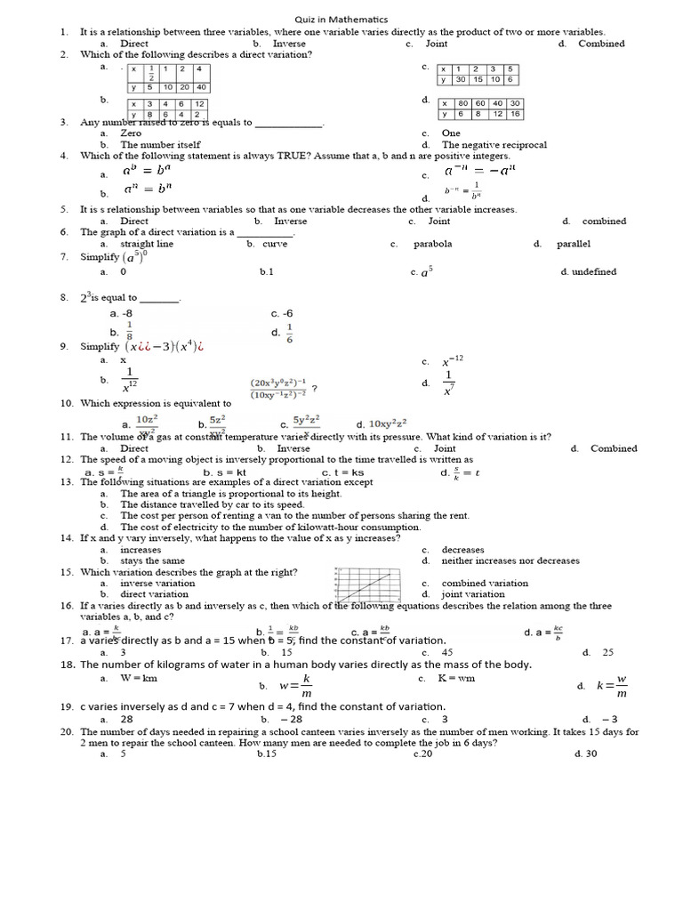 Direct Variation Quiz Questions | PDF | Variable (Mathematics) | Speed