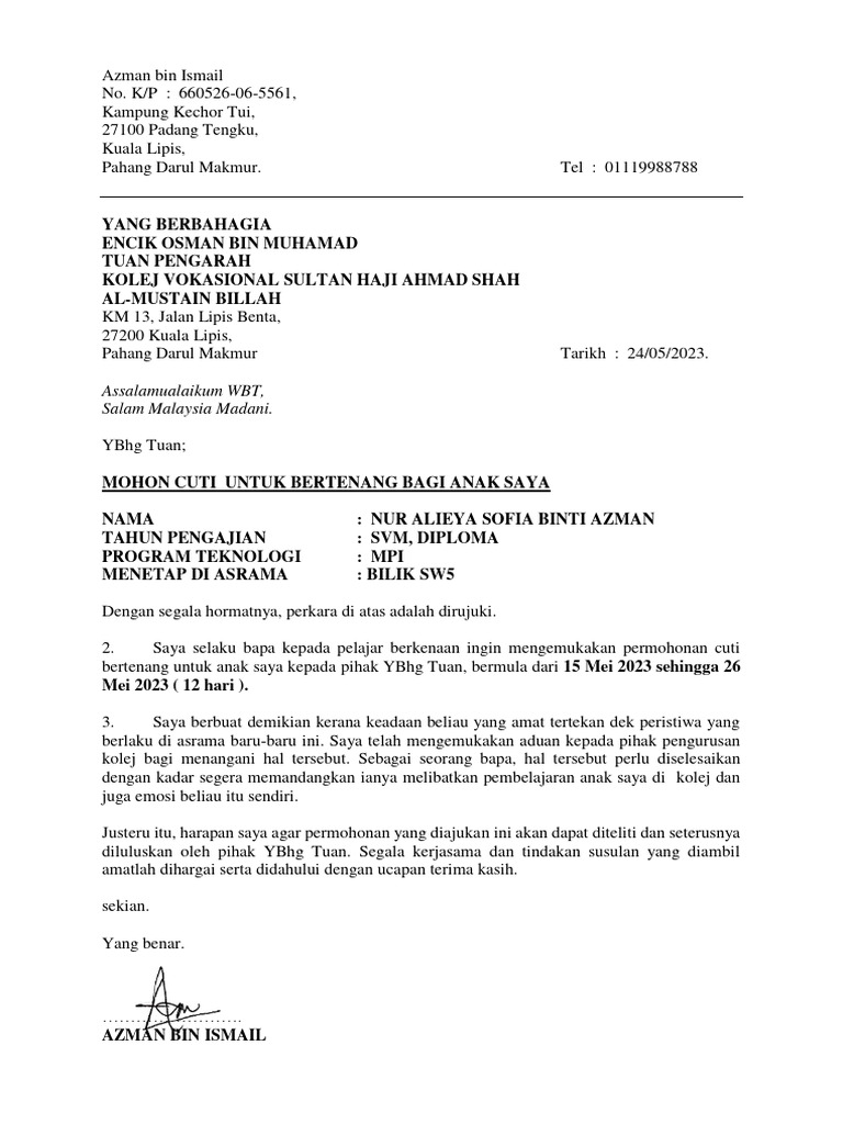 Surat Mohon Cuti Untuk Bertenang | PDF