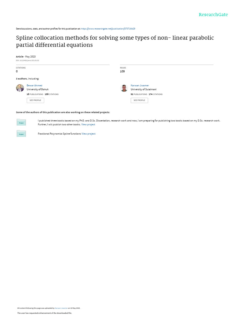 Spline Collocation Methods For Solving Some Types of Non-Linear Parabolic Partial Differential ...