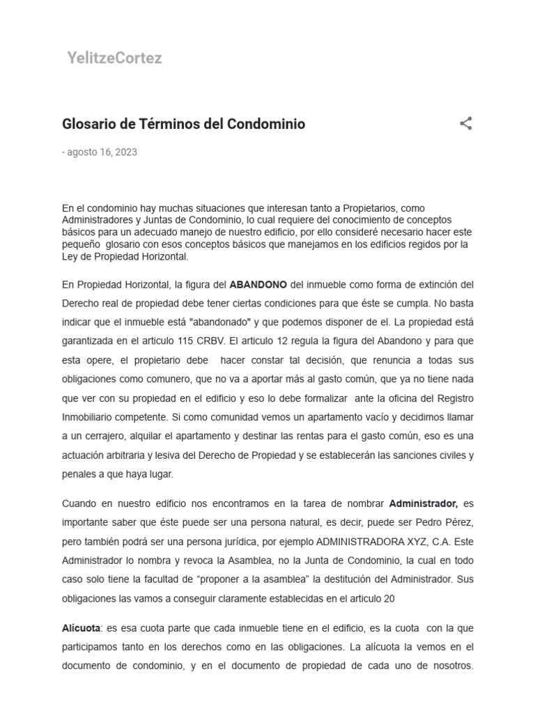 Glosario de Términos Del Condominio | PDF | Condominio | Propiedad