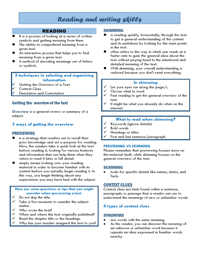 Enhancing Reading and Writing Skills | PDF | Speed Reading ...
