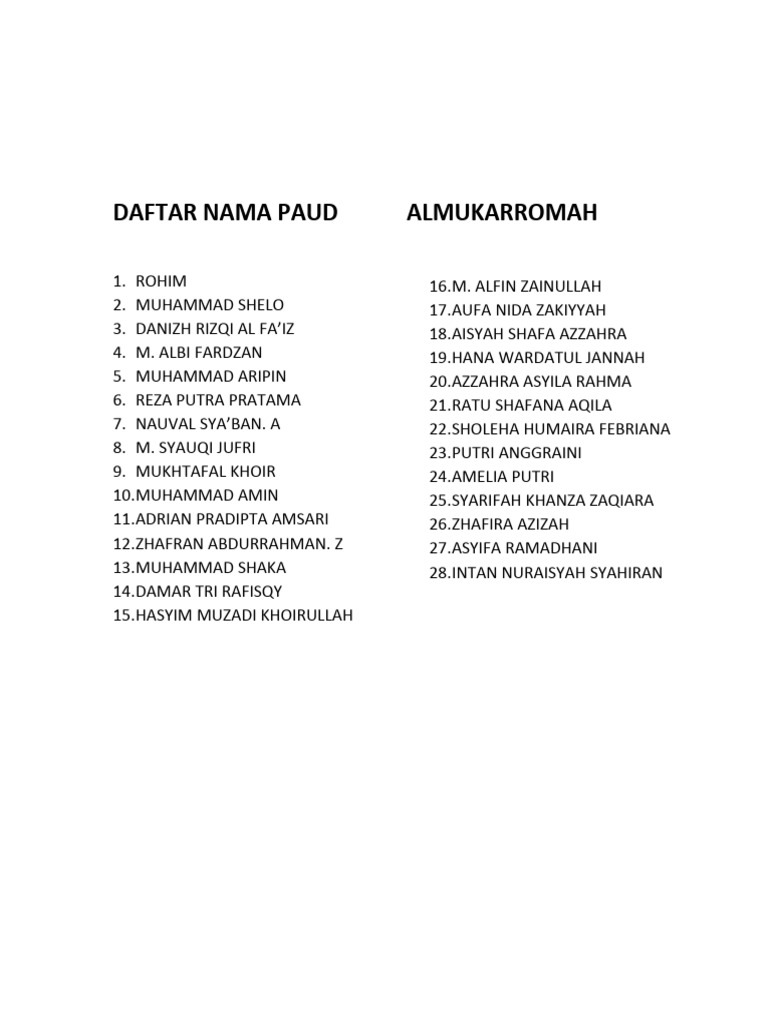 Daftar Nama Anak TK | PDF