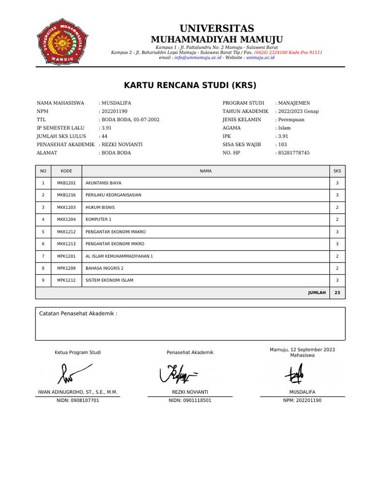 Universitas: Kartu Rencana Studi (KRS) | PDF