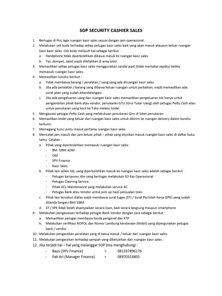 Sop Security Cashier Sales | PDF