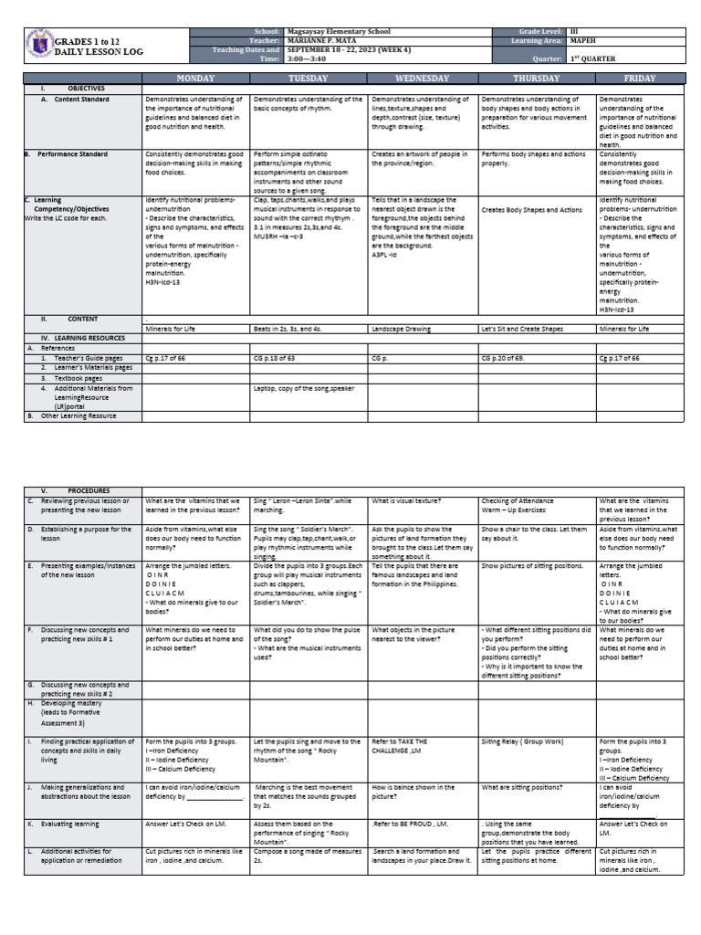 DLL - Mapeh 3 - Q1 - W4 | PDF | Learning | Malnutrition