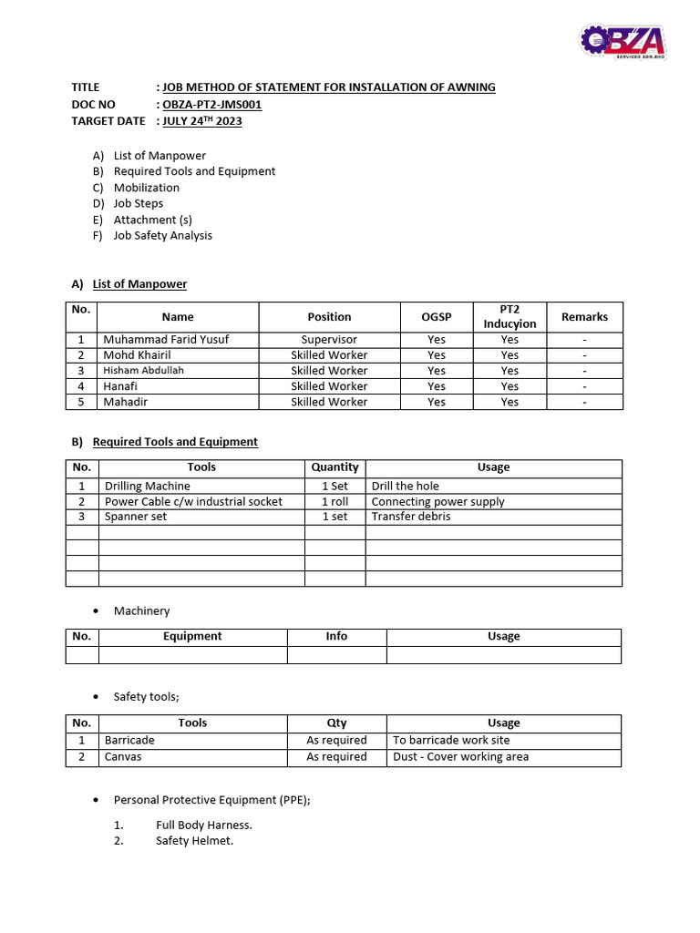 Awning Installation Job Method Statement | PDF | Equipment | Safety