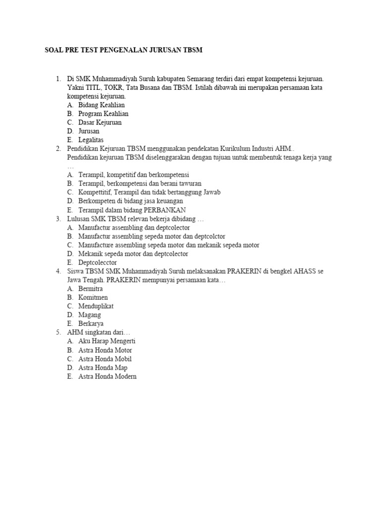 Soal Pre Test Pengenalan Jurusan TBSM | PDF | Bisnis