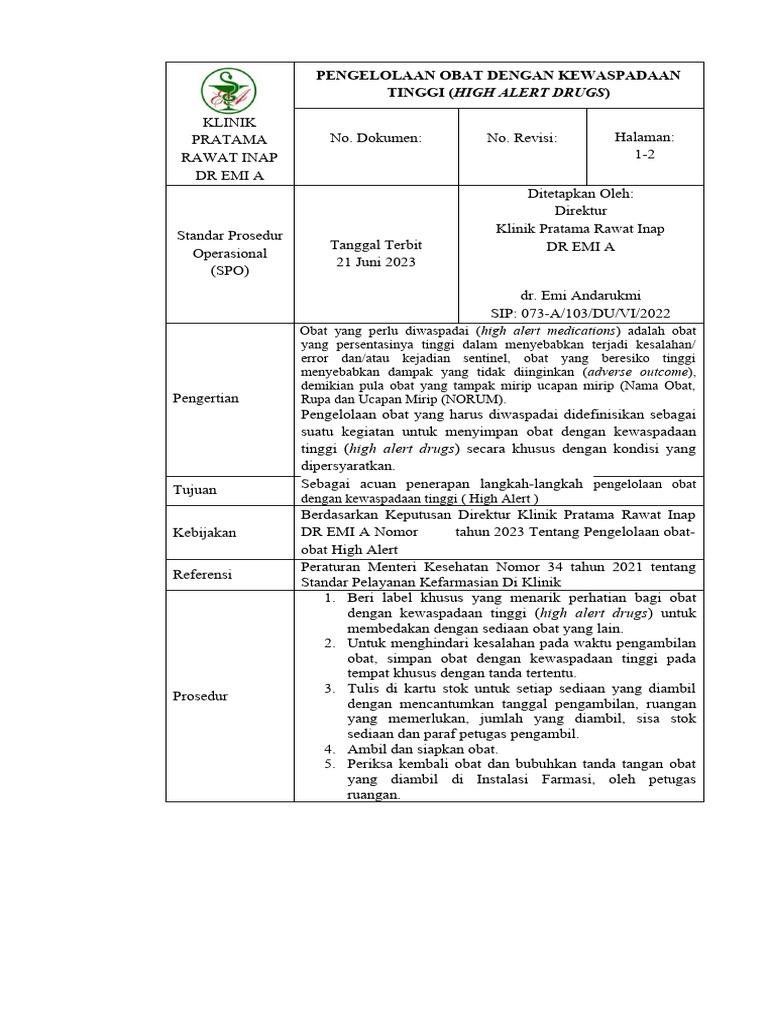 Sop Pengelolaan Obat High Alert Pdf