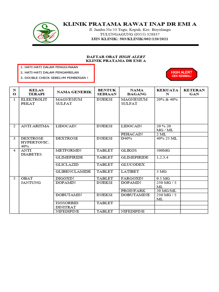 Daftar Obat High Alert Klinik Dr Emi | PDF