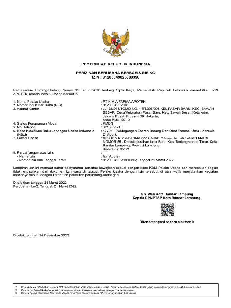 Izin Oss Rba Apotek KF 222 Gajah Mada - Lampung (14!12!2022) | PDF
