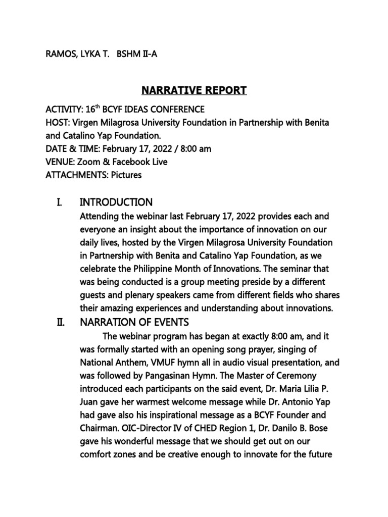 NARRATIVE REPORT (16th BCYF Ideas Conference) | PDF