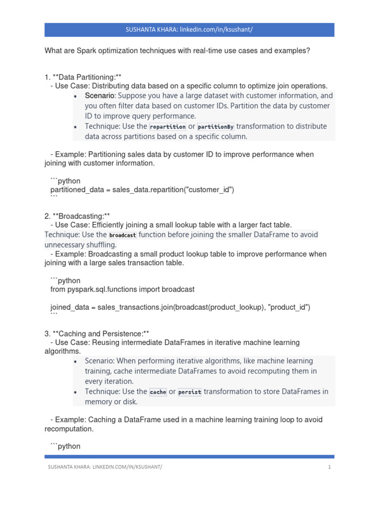 Spark Optimization Techniques | PDF | Apache Spark | Cache (Computing)