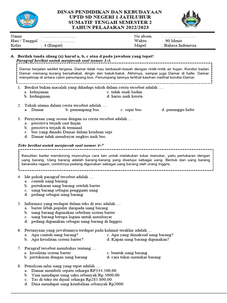 Soal STS B.indonesia Kelas 4 | PDF | Seni & Disiplin Bahasa | Kajian Bahasa Asing