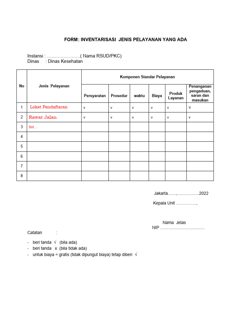 Form Jenis Layanan Dinkes Dengan Contoh | PDF