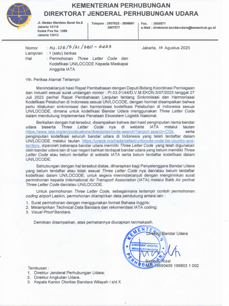 Permohonan Three Letter Code Dan Kodefikasi UNLOCODE Kepada Maskapai ...
