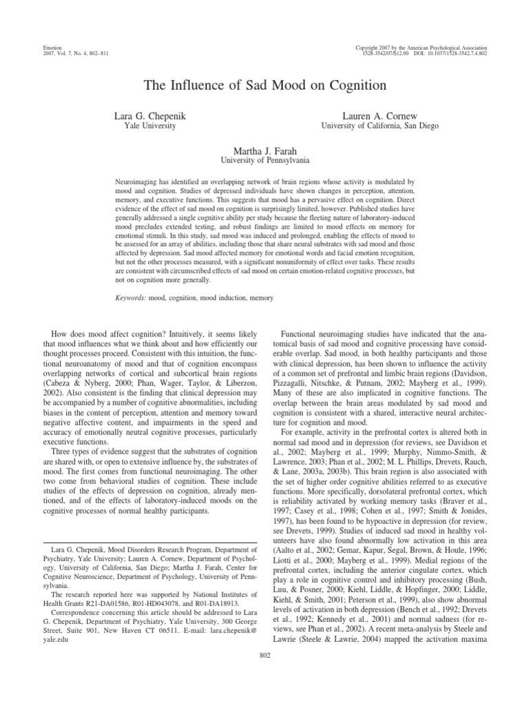 ! Emotion Sad Mood Cognition | PDF | Executive Functions | Mood ...