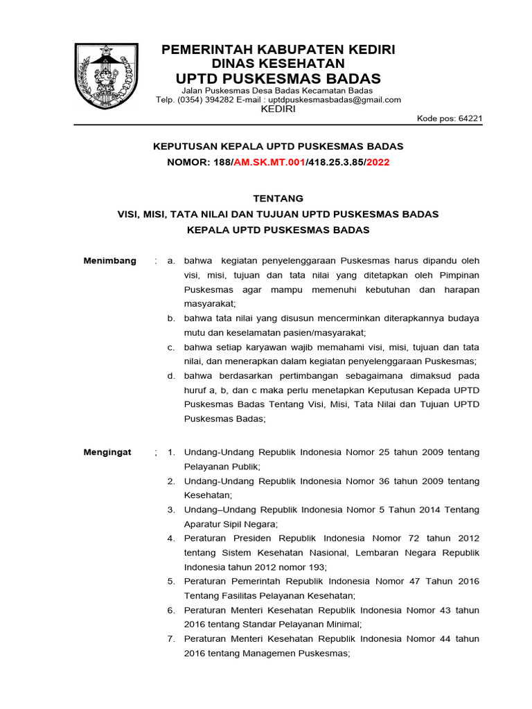1.1.1.1 SK Visi, Misi, Tujuan Dan Tata Nilai Dan Lampirannya SHR | PDF | Karier & Perkembangan