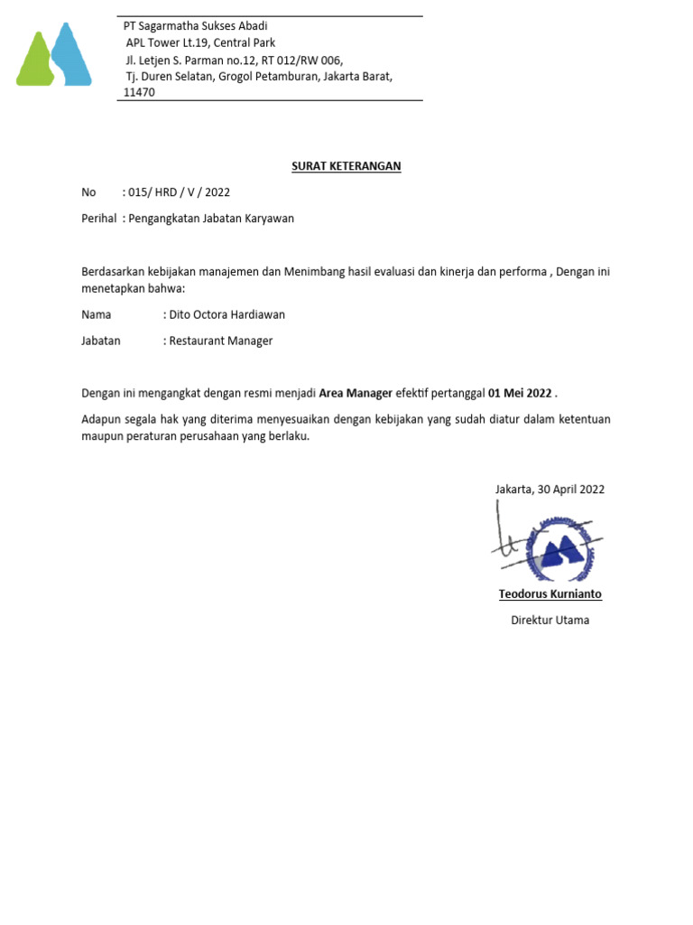 Pengangkatan Dito Octora sebagai Area Manager | PDF