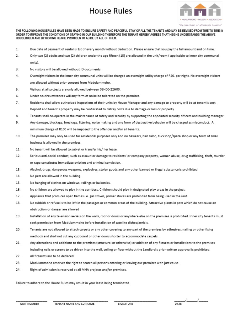 MH House Rules | PDF | Lease | Leasehold Estate