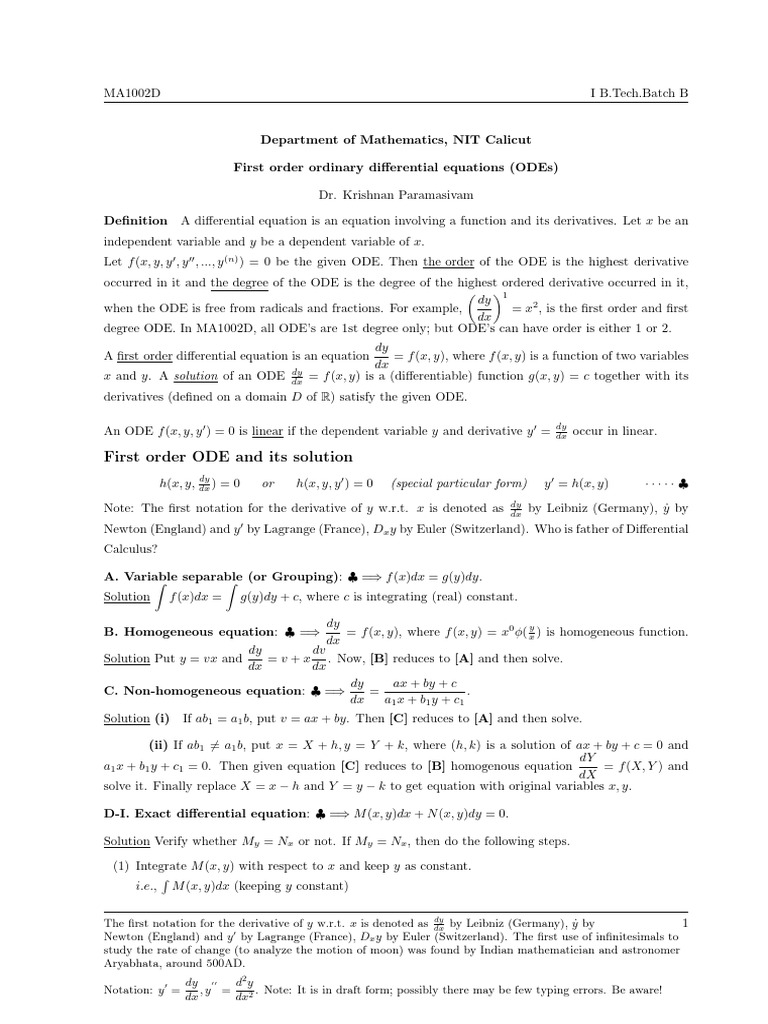 First Order Differential Equations, Formulae, Solution Method | PDF | Ordinary Differential ...
