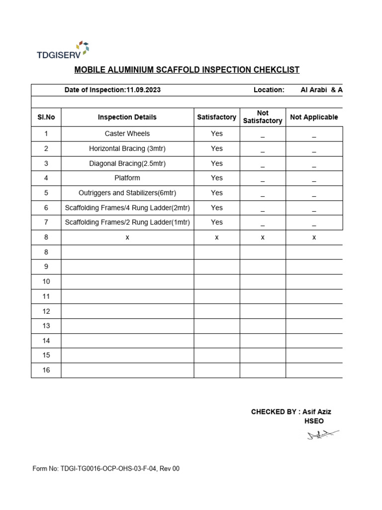 TDGI TG0016 OCP OHS 03 F 04 Mobile Aluminium Scaffold Inspection Checklist | PDF