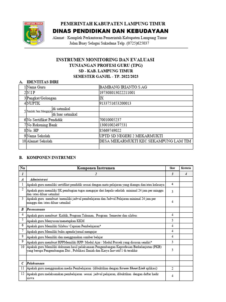 Instrumen Monev Guru 2023-22 | PDF