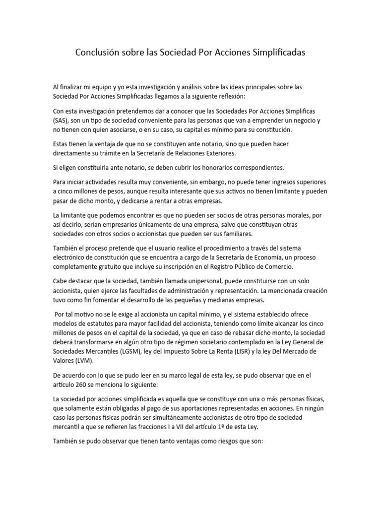 Conclusión Sobre Las SAS | PDF | Finanzas y dinero
