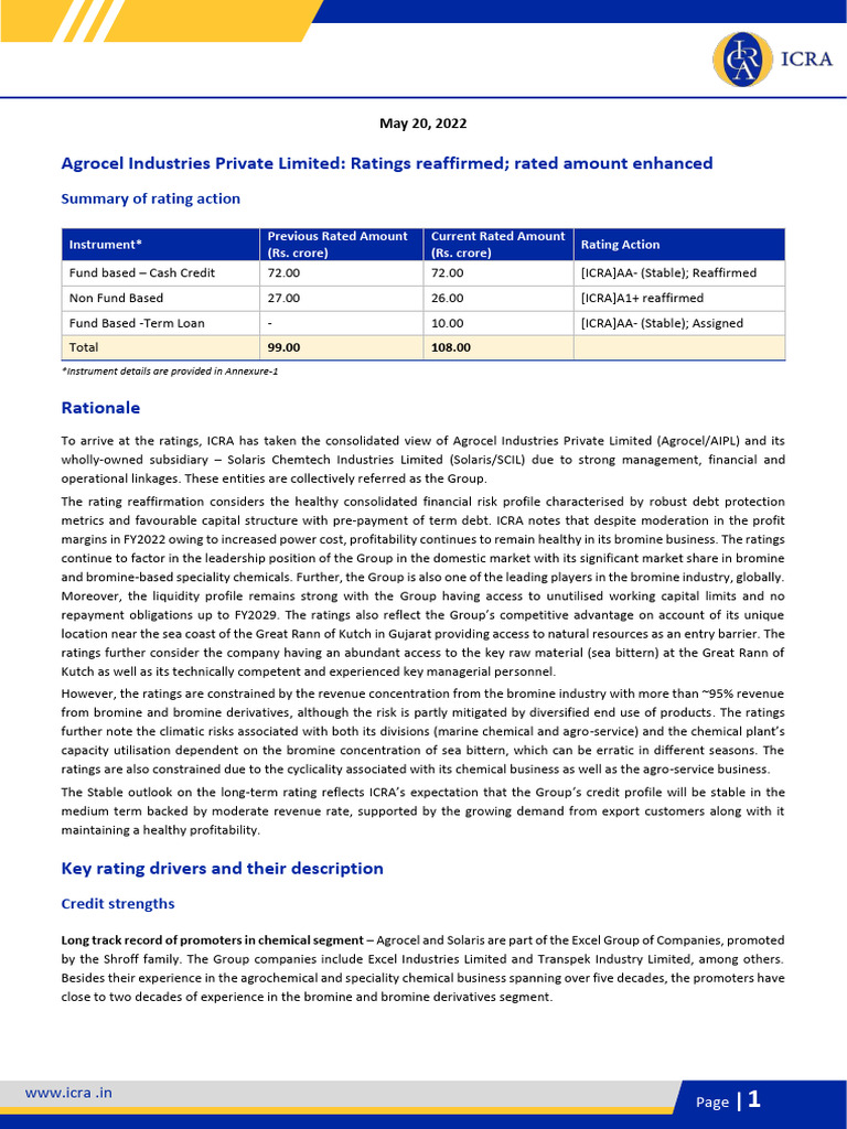 Agrocel Industries Private Limited | PDF | Debt | Credit Rating Agency