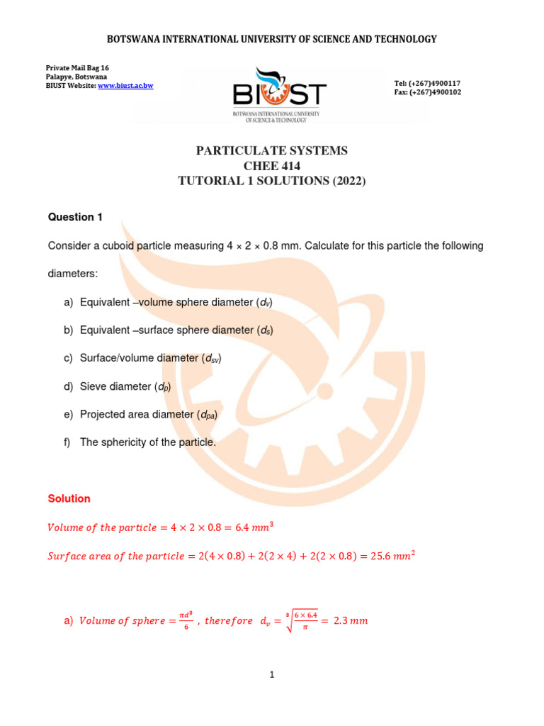 CHEE 414 Tutorial 1 Solutions 2023 | PDF | Density | Physical Sciences