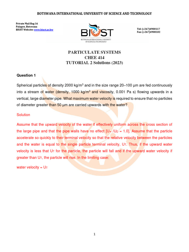 CHEE 414 Tutorial 2 Solutions 2023 | Download Free PDF | Water | Mechanical Engineering