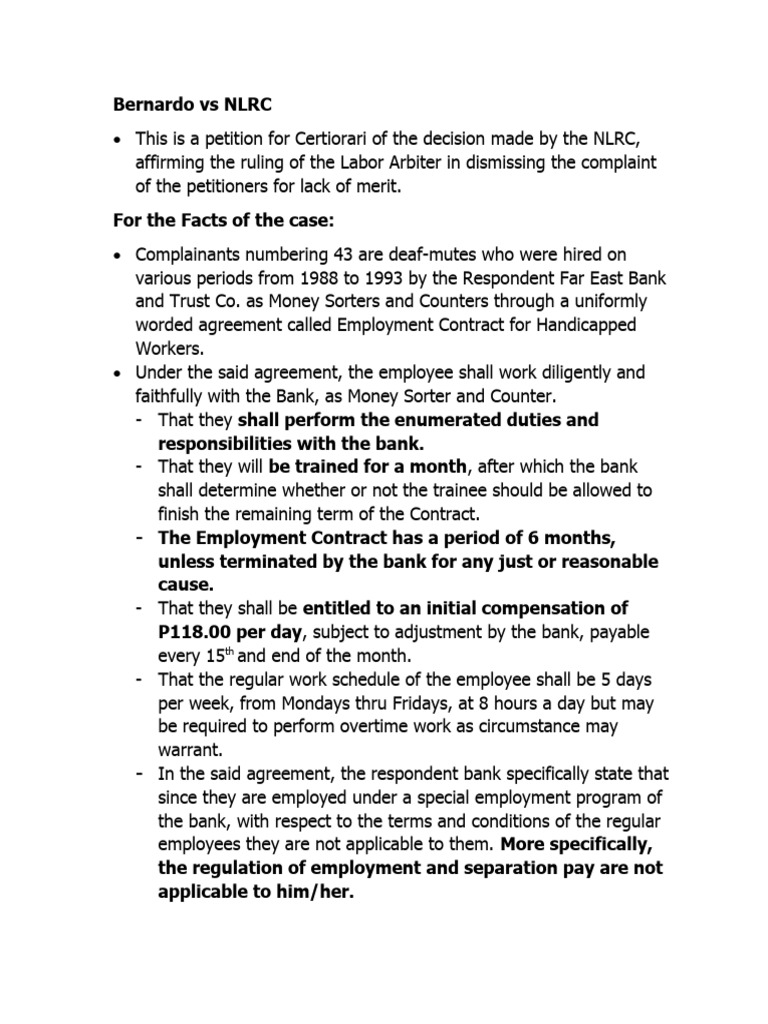 Bernardo Vs NLRC Case Digest | PDF | Employment | Labour Law