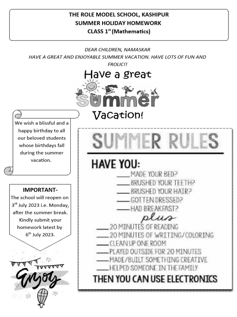 Class 1st Summer Vacation HW | PDF