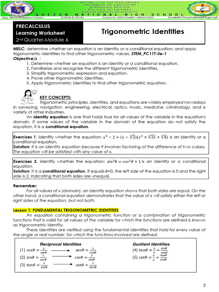 Learning Worksheet - Q2 - Module 6 | PDF | Equations | Trigonometric ...