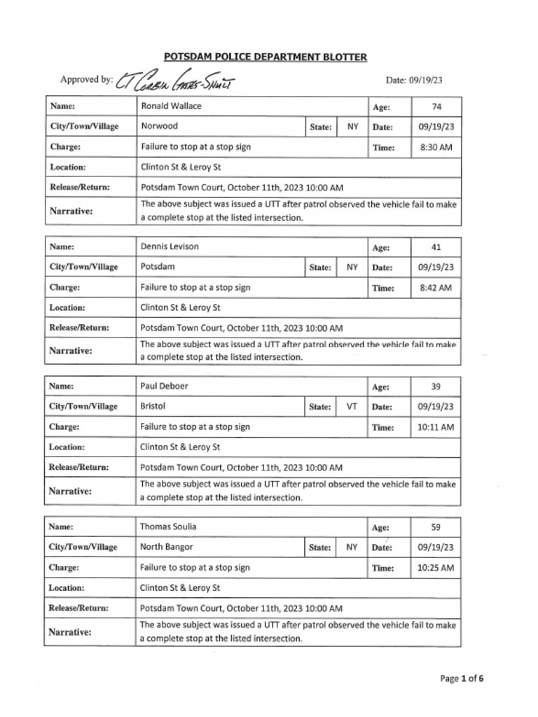 Potsdam Village Police Dept. Blotter Sept. 19, 2023 | PDF