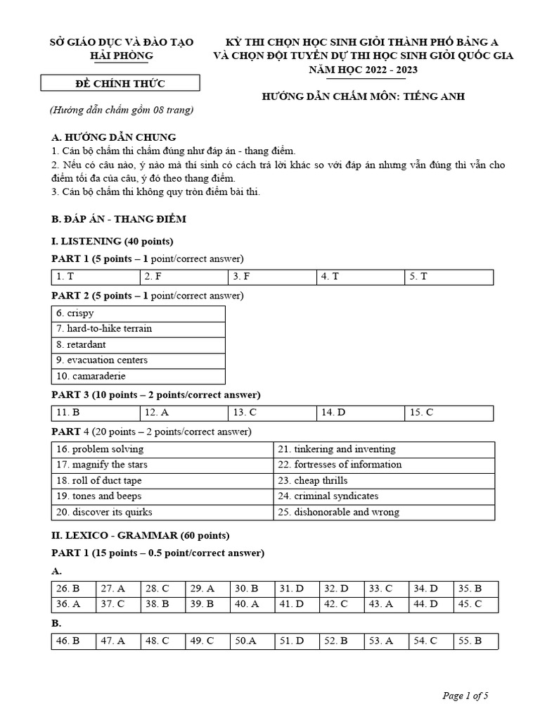 Huong Dan Cham Anh Hsg Bang a - Đề Chính Thức -2223 | PDF