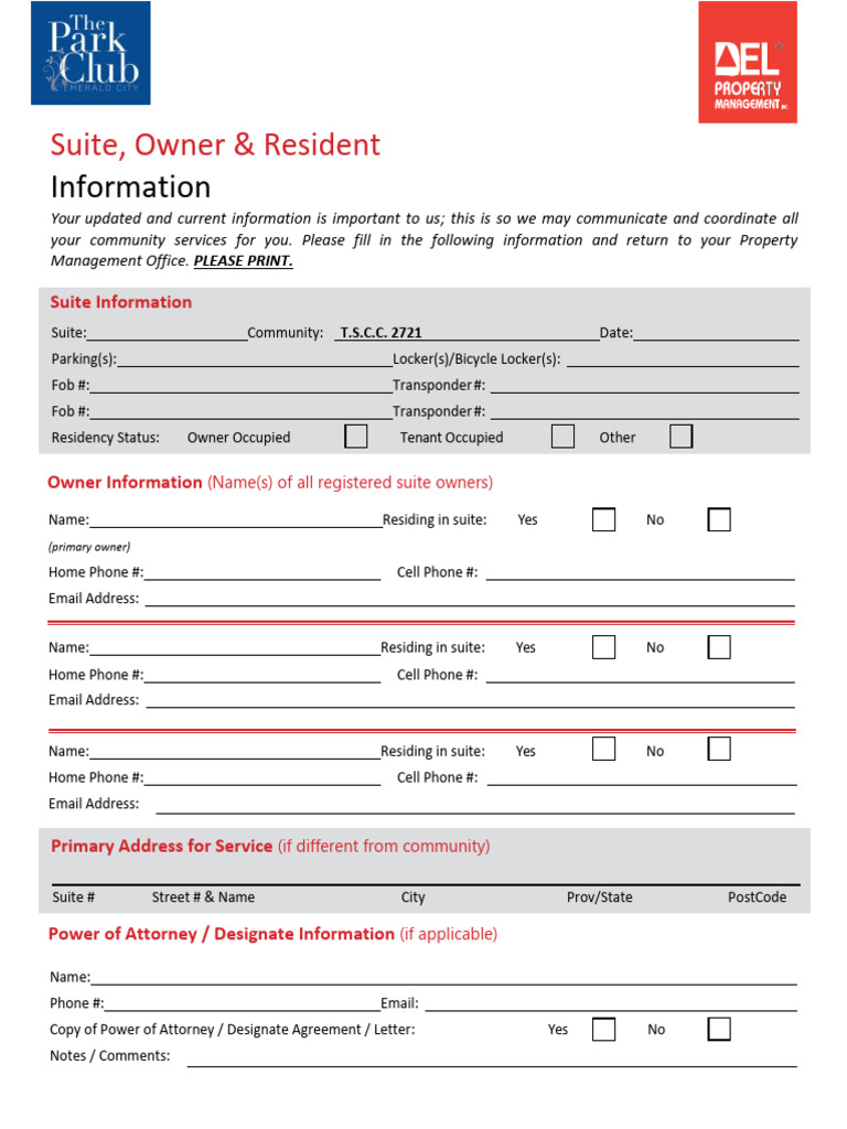 Resident Registration Forms - The Park Club | PDF | Property Management ...