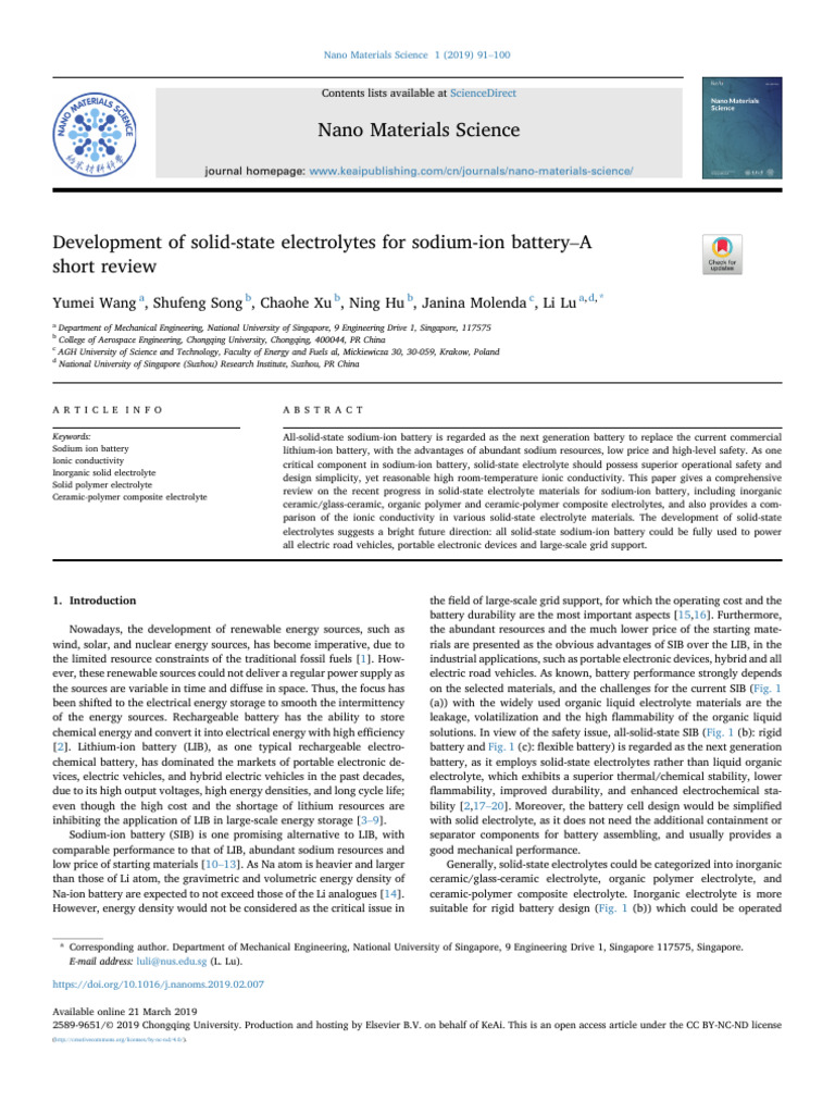 Development Of Solid State Electrolytes For Sodium Ion 2019 Nano