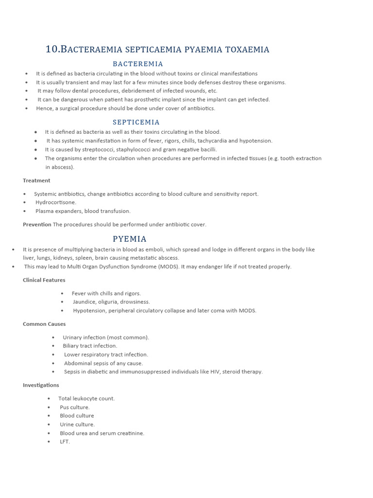 Bacteremia, Septicemia, Pyemia Overview | PDF | Sepsis | Immunology