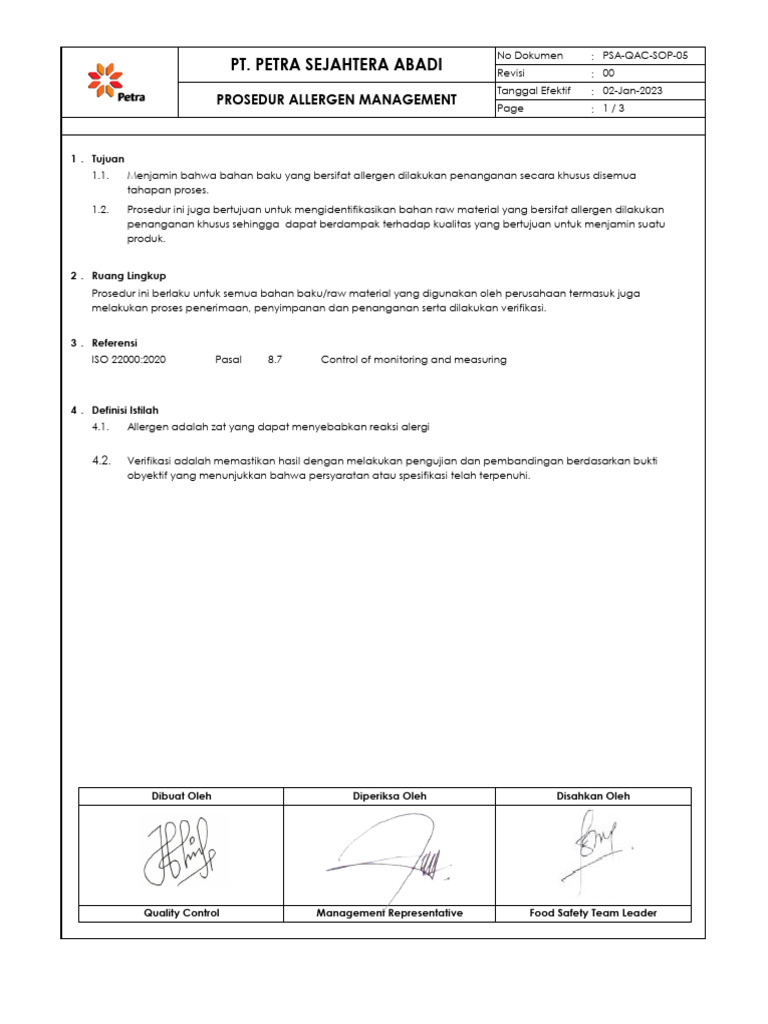 PSA-QAC-SOP-05 Prosedur Allergen Management (Rev. 00) | PDF PSA-QAC-SOP-05 Prosedur Allergen Management (Rev. 00) | PDF