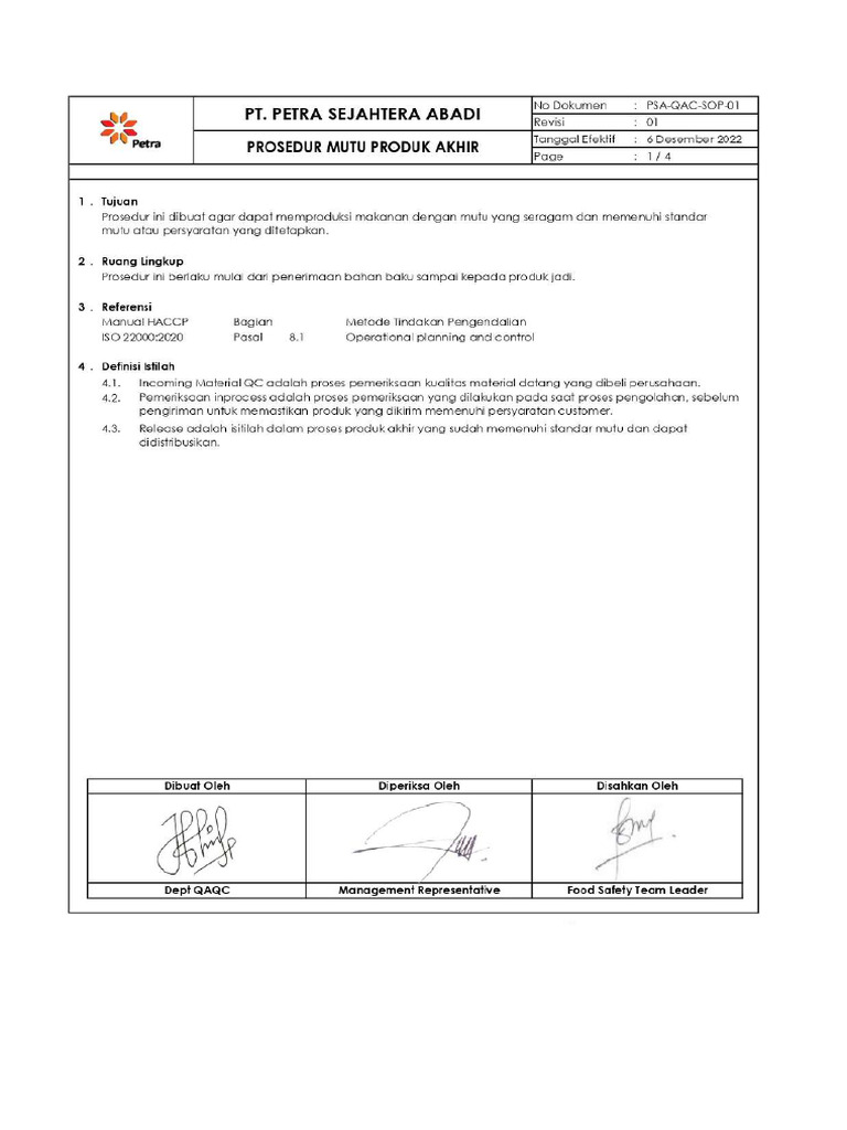 PSA-QAC-SOP-01 Prosedur Mutu Produk Akhir (Rev. 01) | PDF
