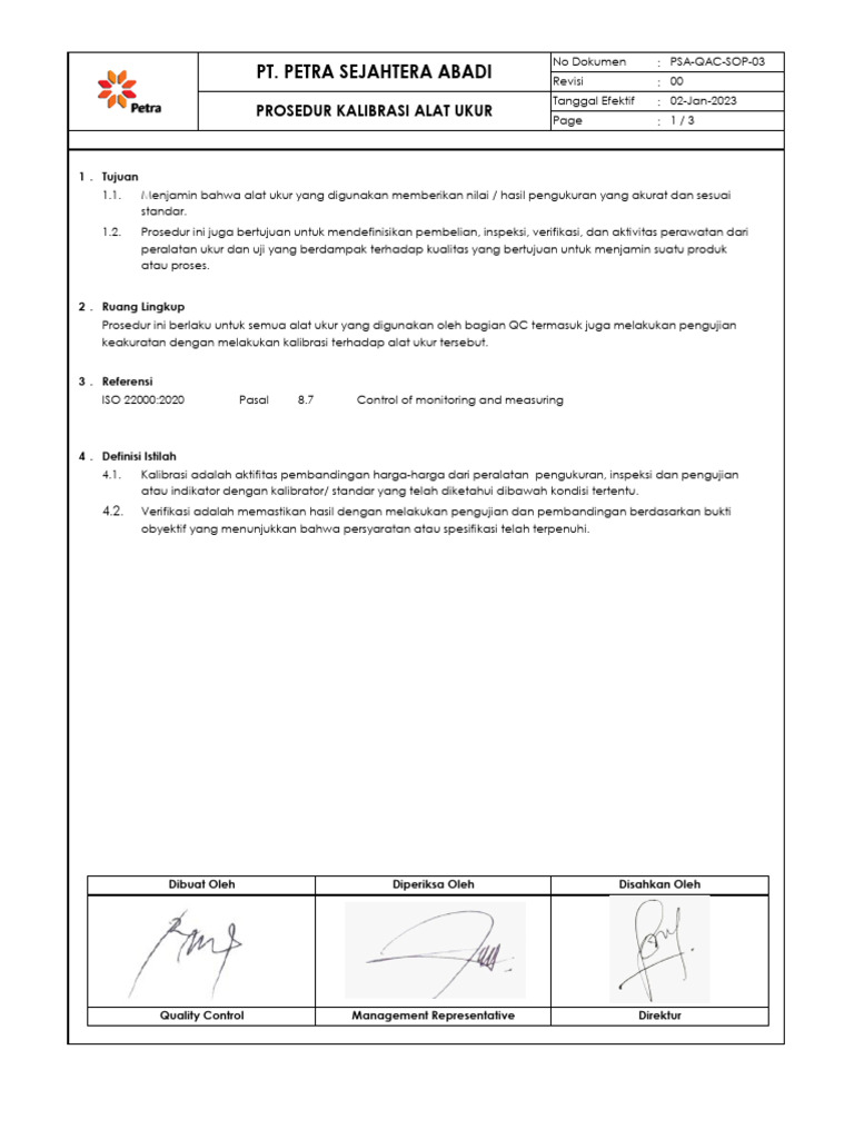 PSA-QAC-SOP-03 Prosedur Kalibrasi (Rev. 00) | PDF | Teknologi & Rekayasa