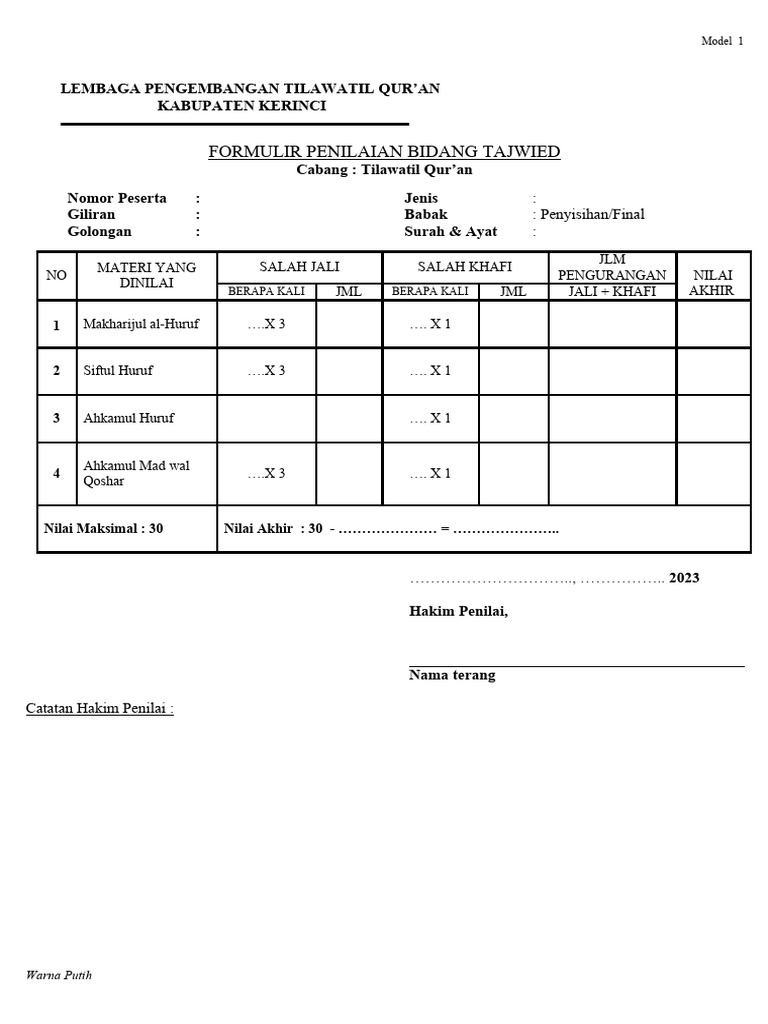 Form Penilaian MTQ | PDF