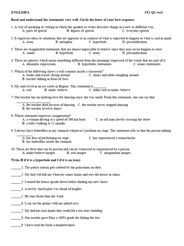 ENGLISH 6 Quarter 1 Summative Test 1 | PDF | Irony