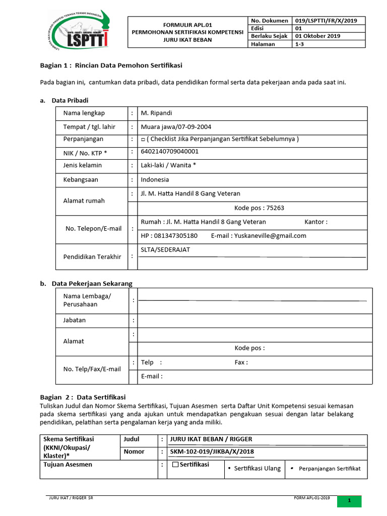Form FR - Apl-01 Rigger Salinan | PDF