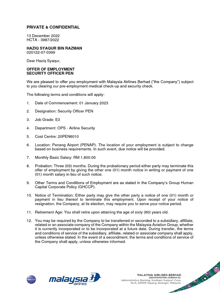 Malaysia Airlines Employment Offer Letter | PDF | Employment | Breach ...