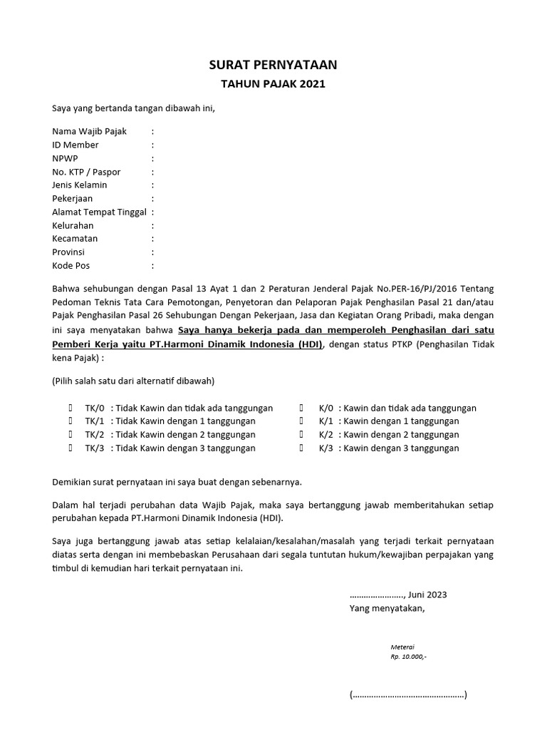 Surat Pernyataan Pajak PTKP 2021-2023 | PDF | Pengelolaan Keuangan & Uang