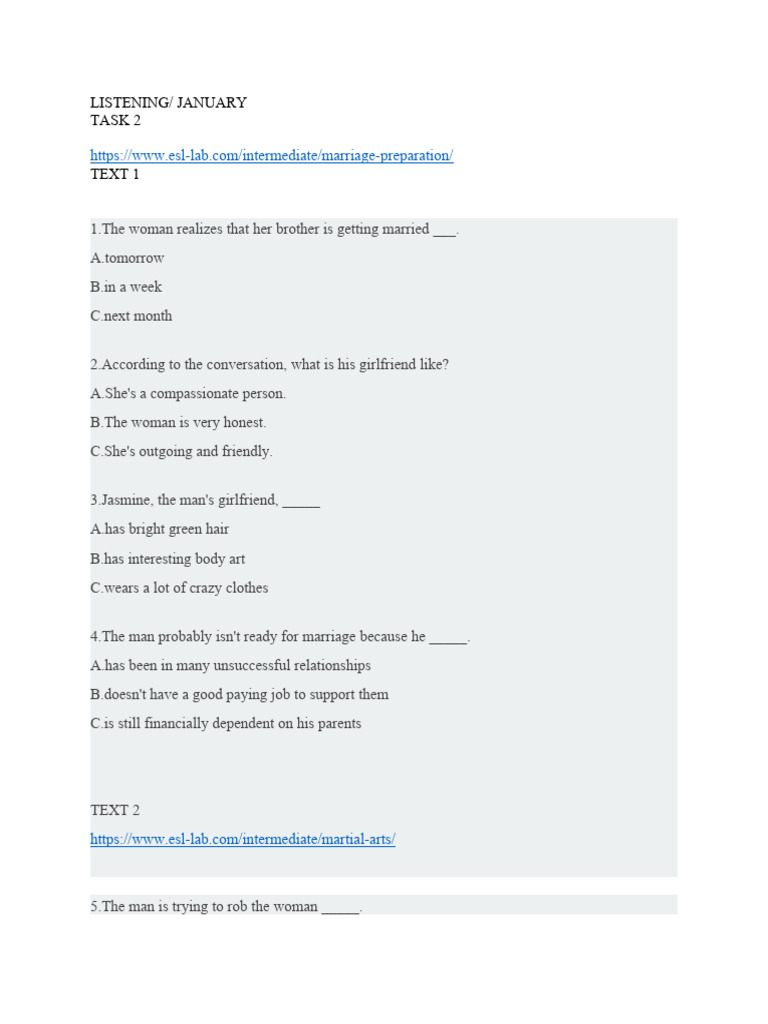 Listening:january Task 2 | PDF