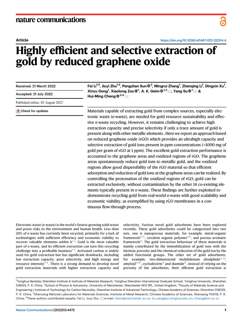 Highly Efficient And Selective Extraction Of Gold By Rgo Pdf